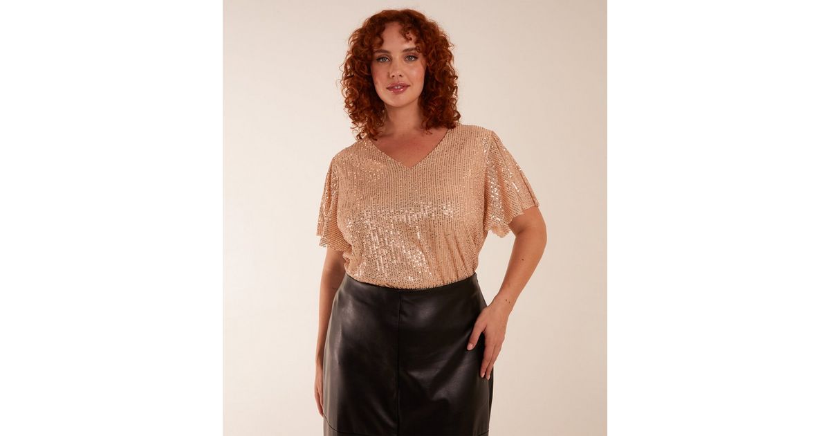 Blue Vanilla Curves Gold Metallic Sequin V Neck Top | New Look