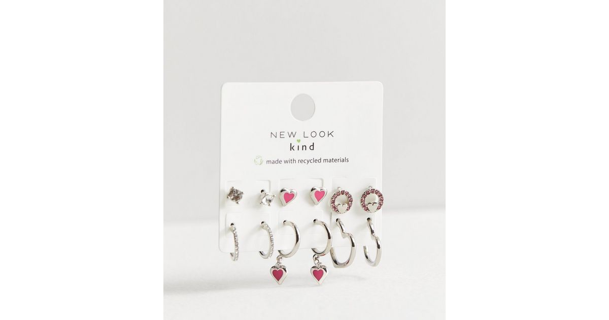 6 Pack Silver Enamel Heart Stud and Hoop Earrings | New Look