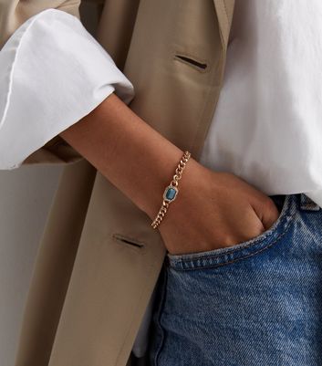 Gold Green Gem Link Bracelet | New Look