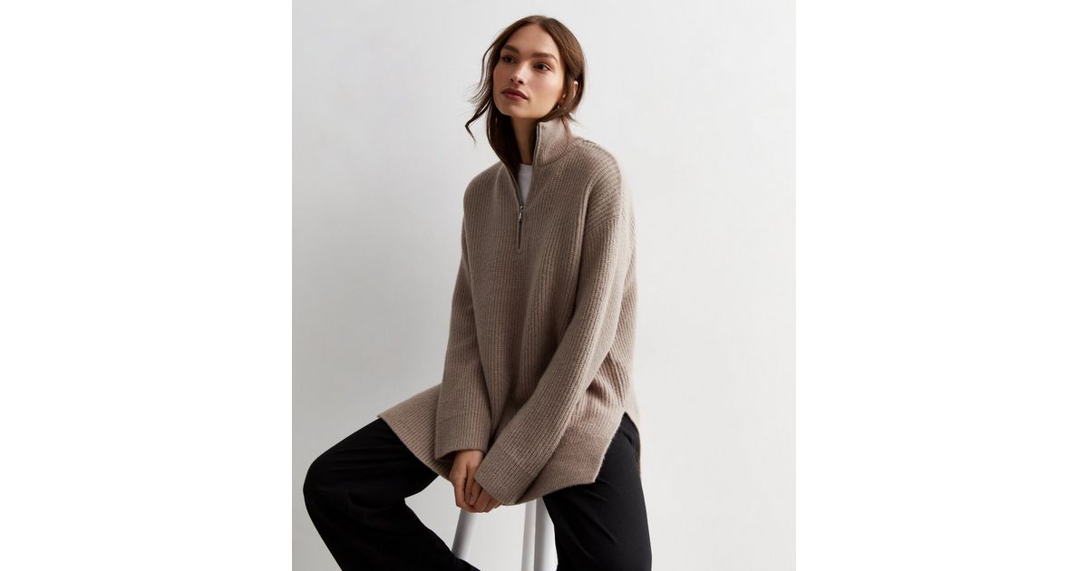 Mink Ribbed Knit Zip Neck Jumper | New Look