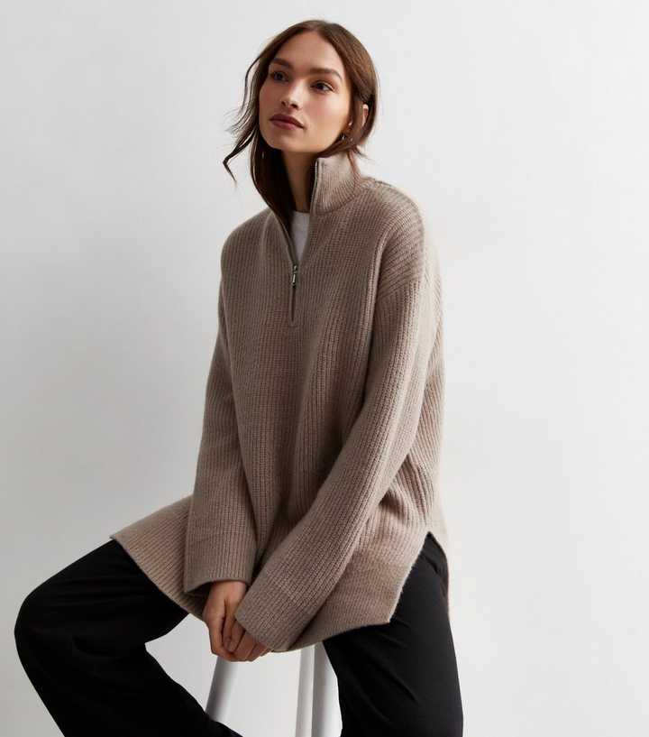 Mink Ribbed Knit Zip Neck Jumper | New Look