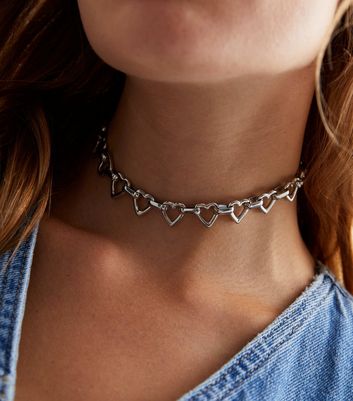 Silver Statement Heart Link Choker Necklace