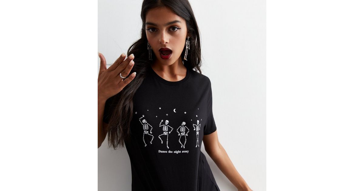 Black Cotton Dancing Skeleton Logo T-Shirt | New Look
