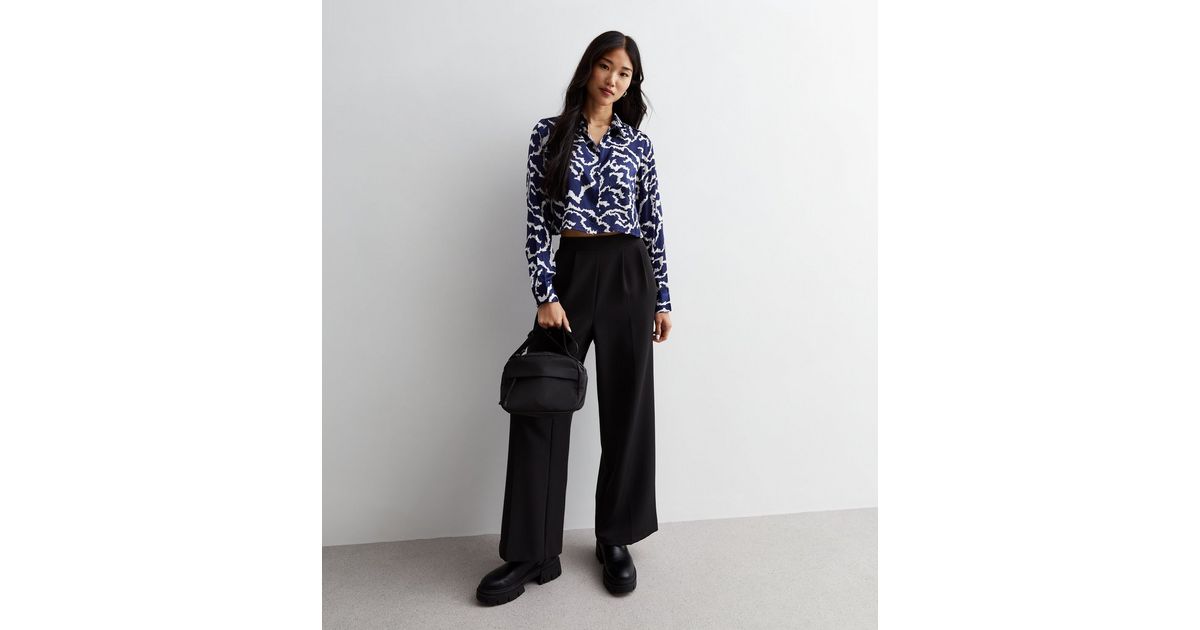 Blue Abstract Print Satin Long Sleeve Crop Shirt | New Look