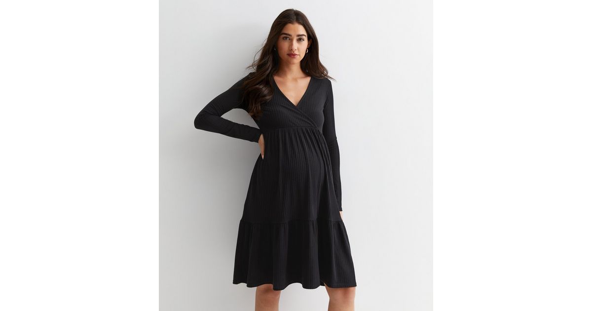 Maternity Black Ribbed Wrap Mini Dress | New Look