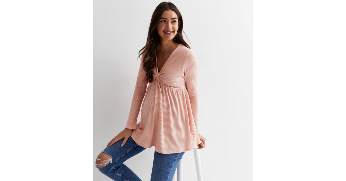 Maternity Pale Pink Ribbed Jersey Twist Front Peplum Top | New Look