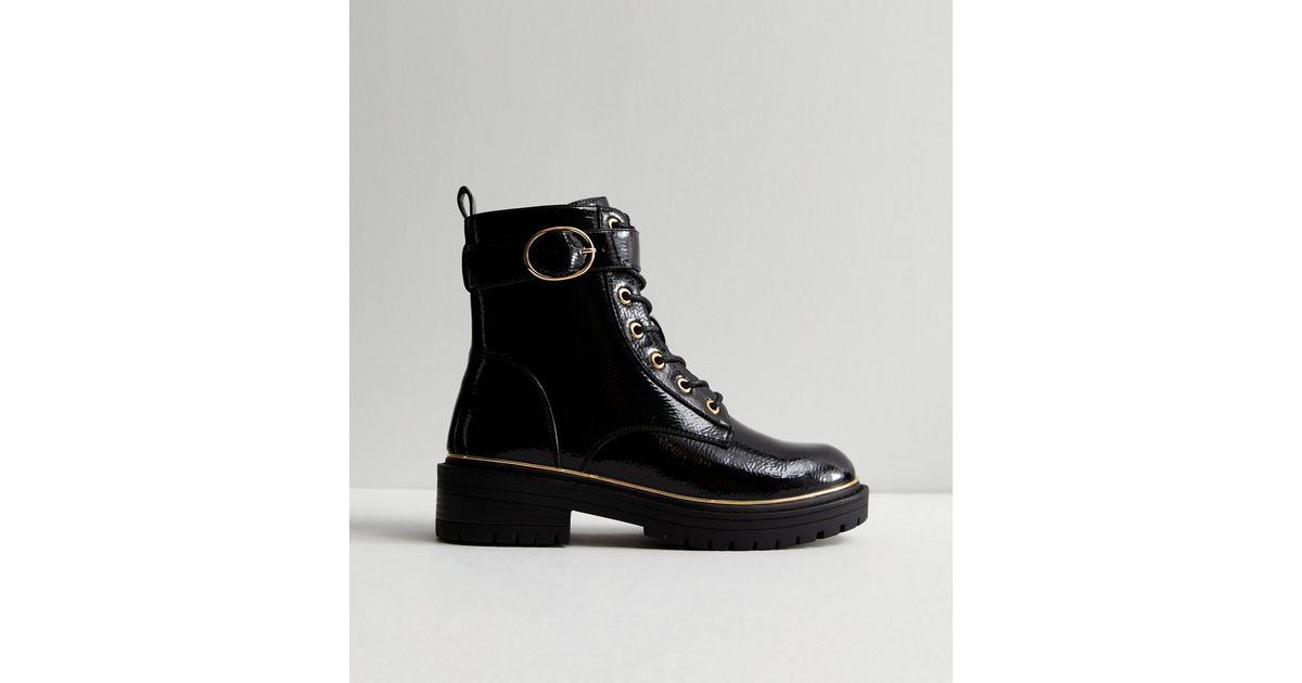 Wide Fit Black Patent Biker Boots | New Look