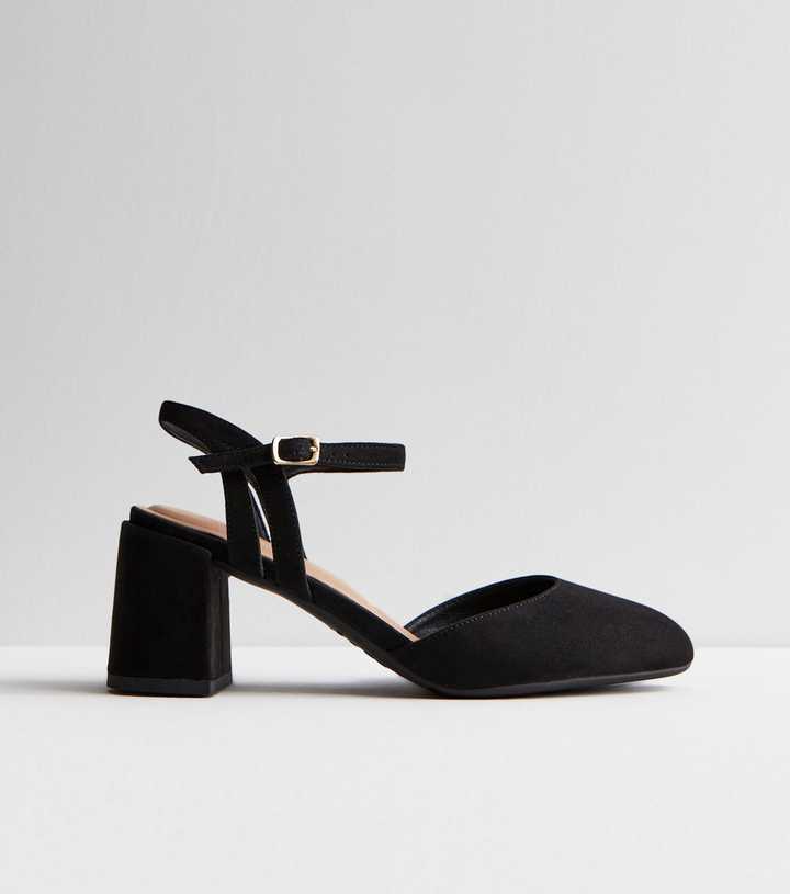 Black Suedette 2 Part Block Heel Court Shoes | New Look