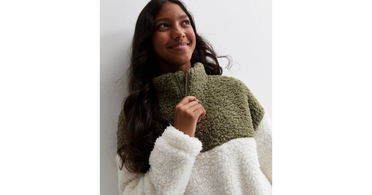 Girls Khaki Colourblock Fleece Jacket | New Look