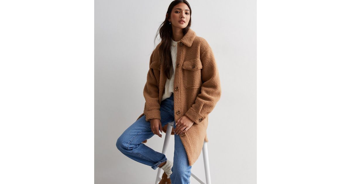 Tan Teddy Long Shacket | New Look