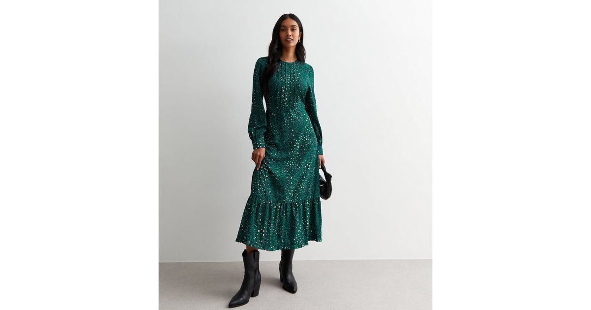 Gini London Dark Green Leopard Print Midi Dress | New Look
