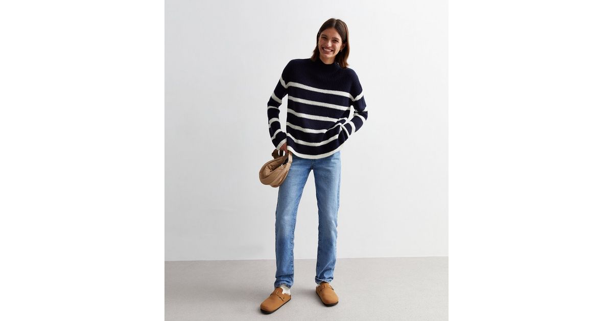 Blue Stripe Stand Neck Jumper | New Look