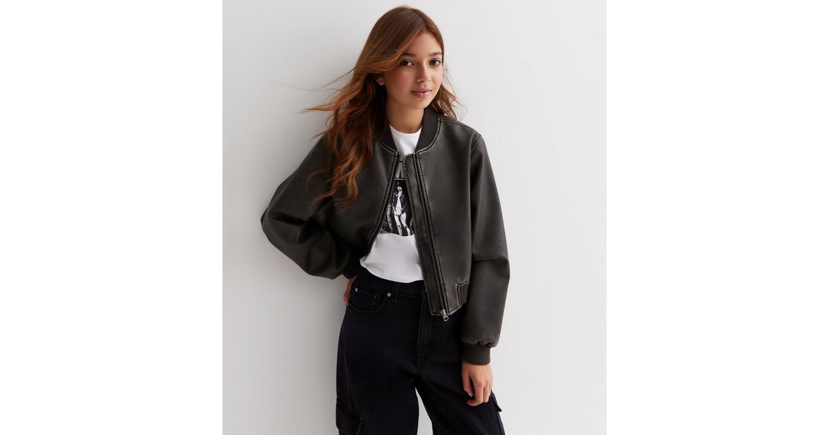 Girls Dark Grey Leather-Look Bomber Jacket | New Look
