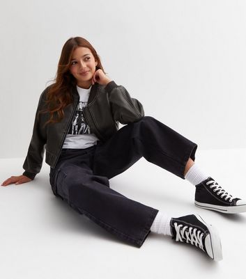 Girls Dark Grey Leather-Look Bomber Jacket | New Look