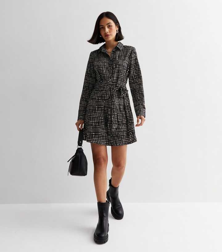 Black Square Print Crepe Mini Shirt Dress | New Look