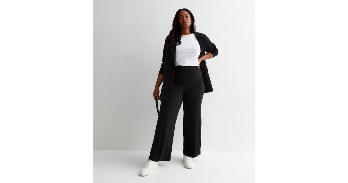Curves Black Ribbed Wide Leg Trousers | New Look