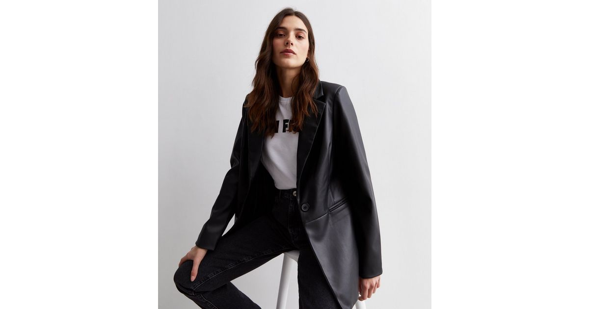 Black Leather-Look Blazer | New Look