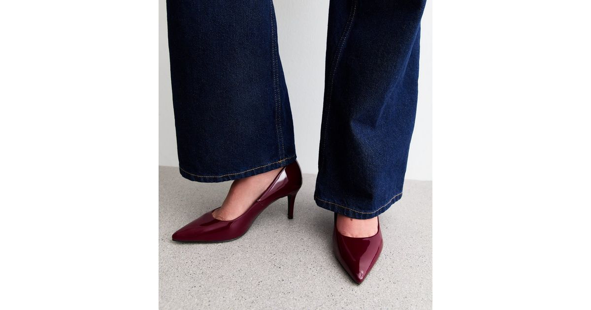 Burgundy Patent Stiletto Heel Court Shoes New Look