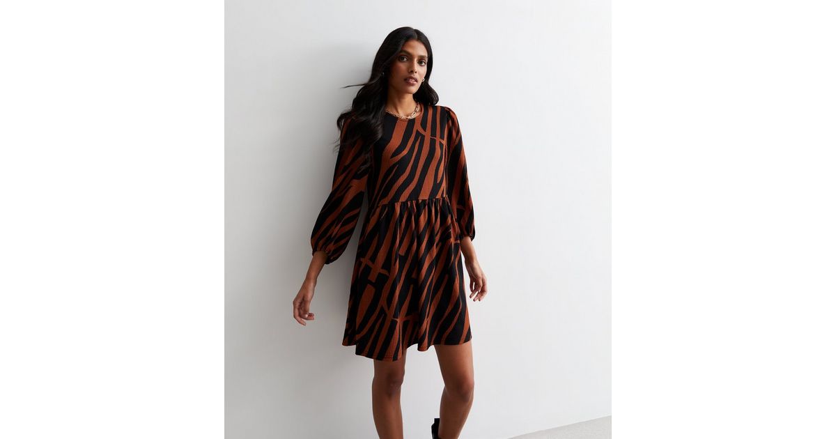 Rust Tiger Print Textured Jersey Mini Smock Dress | New Look