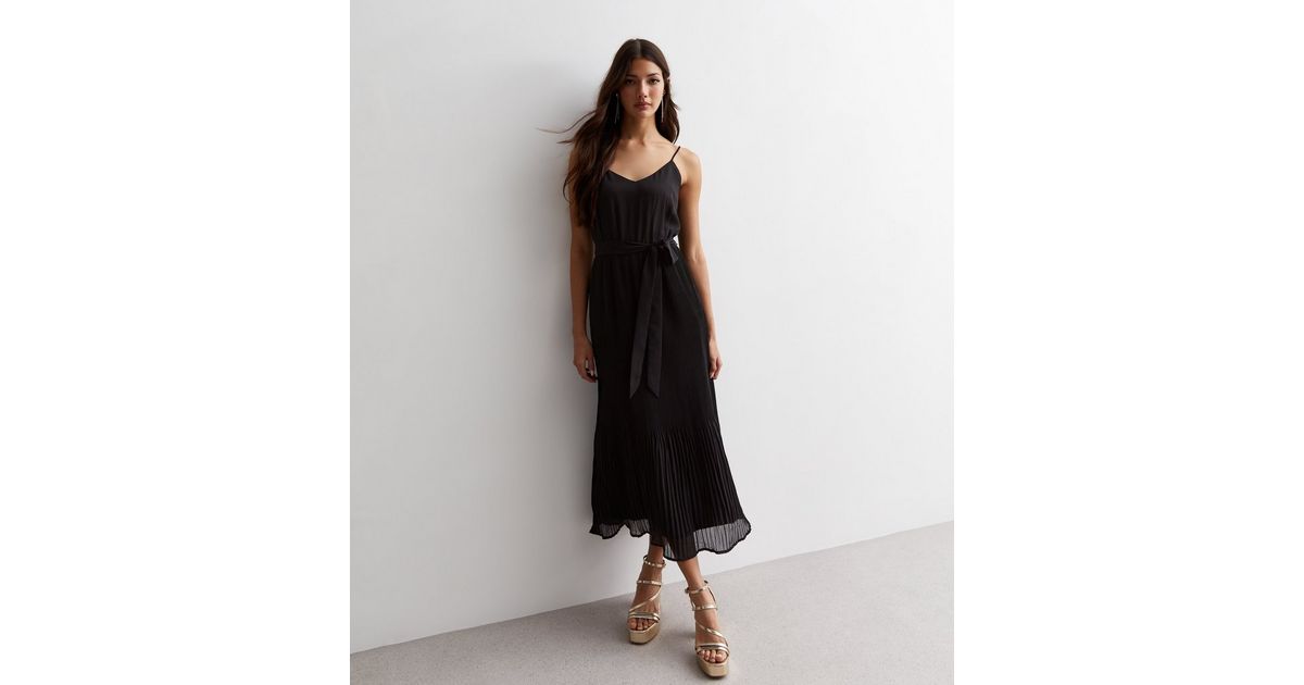 Gini London Black Pleated Strappy Midi Dress | New Look