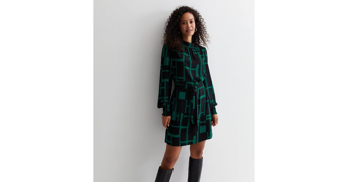 Tall Black Square Abstract Print High Neck Belted Mini Dress New Look