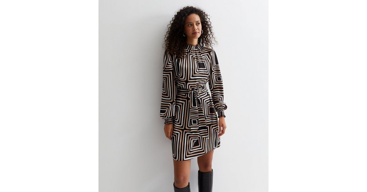 Tall Brown Square Print High Neck Belted Mini Dress New Look