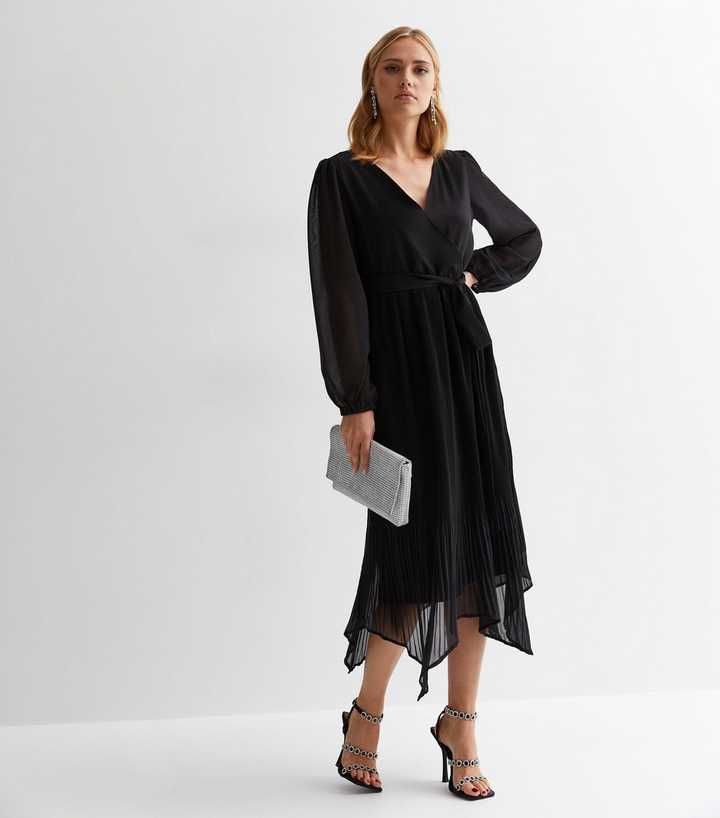 Gini London Black Pleated Hanky Hem Wrap Midi Dress | New Look