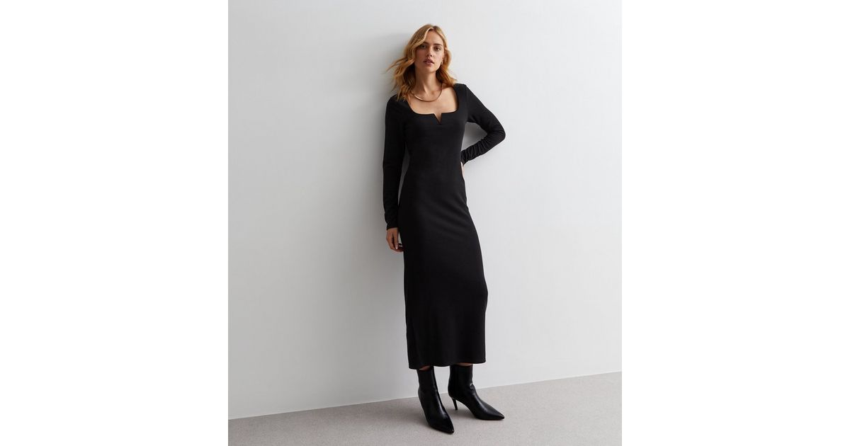 Black Ribbed Notch Neck Midi Dress | New Look