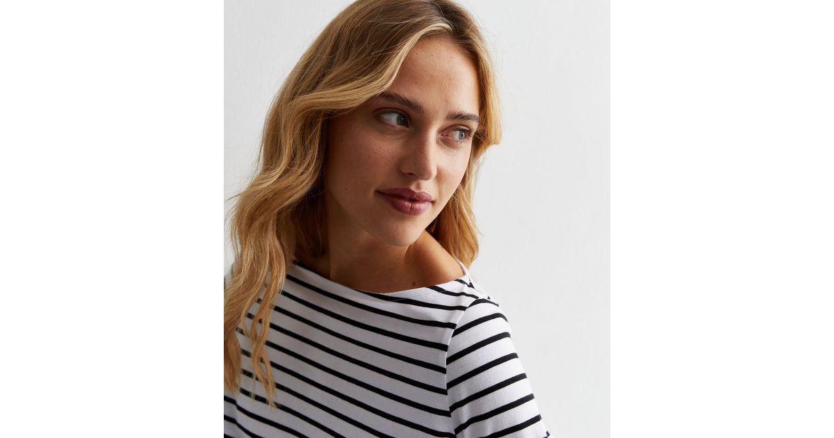 White Stripe Cotton Slash Neck Top | New Look