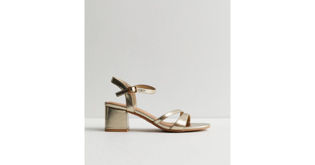 Gold Asymmetric Low Block Heel Sandals | New Look