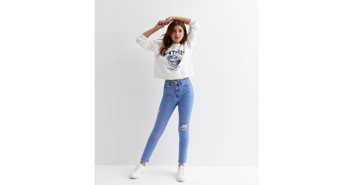 Girls Bright Blue High Waist Ripped Knee Hallie Skinny Jeans | New Look