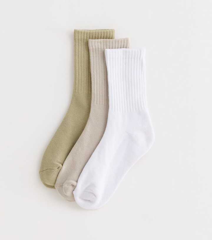 3 Pack Green White and Stone Ribbed Tube Socks | New Look