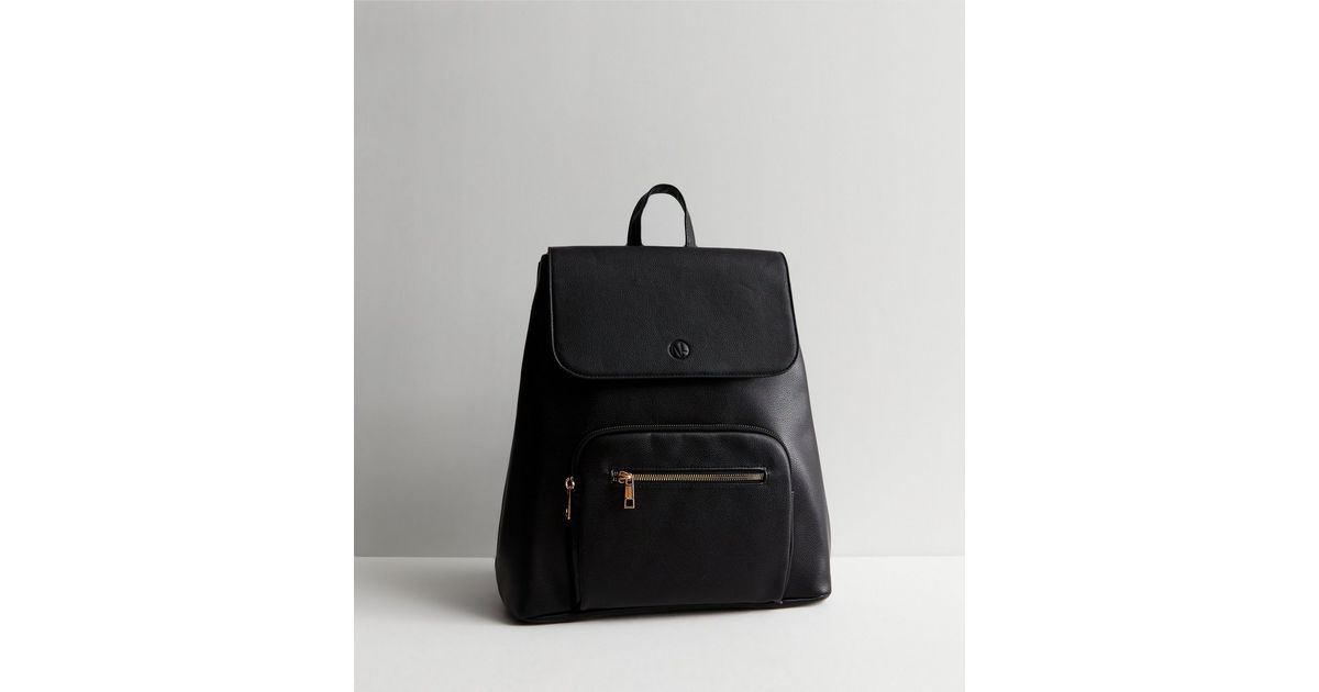 Black Leather-Look Flap Over Backpack | New Look