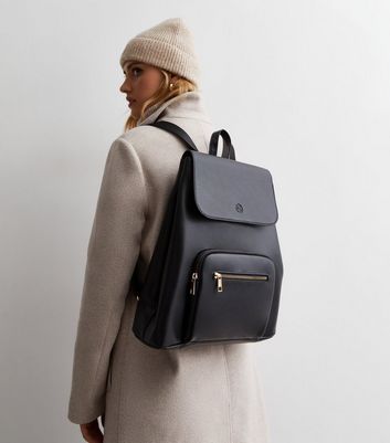 Black Leather-Look Flap Over Backpack | New Look