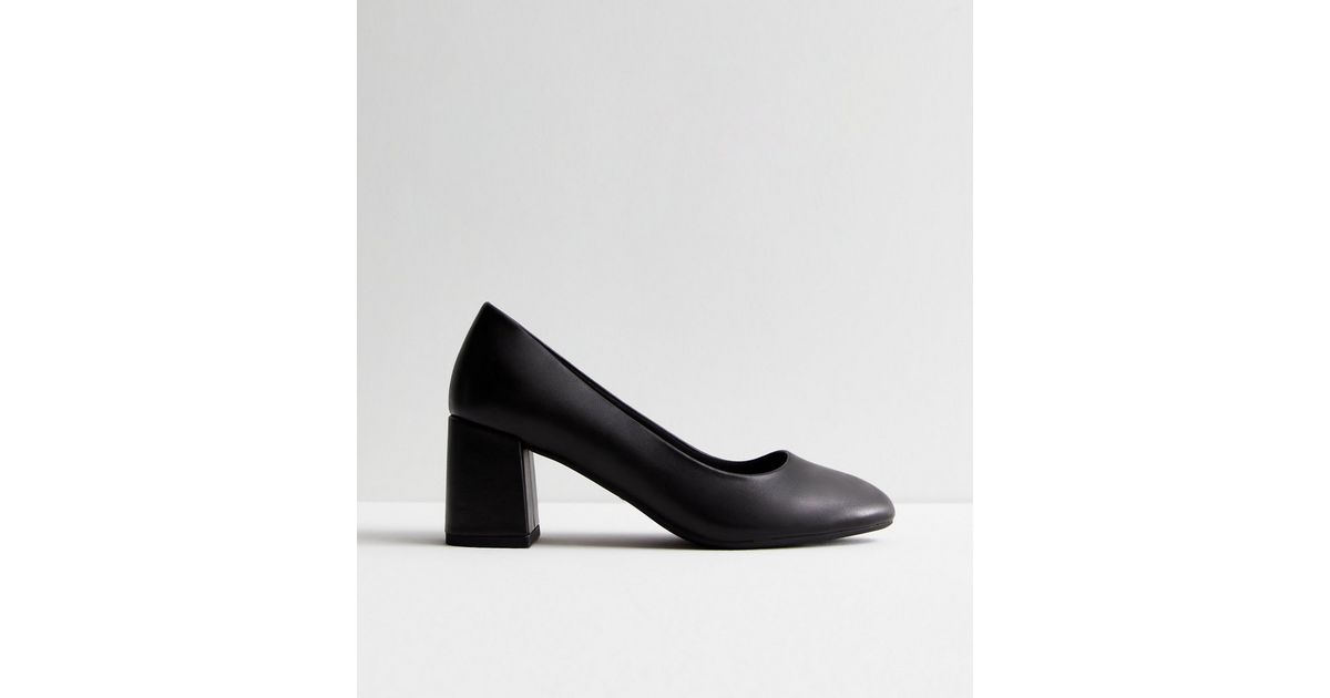 Black Leather-Look Block Heel Court Shoes | New Look