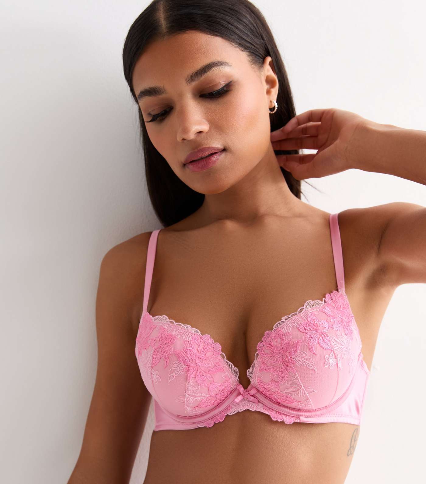Pink Floral Embroidered Push Up Bra New Look