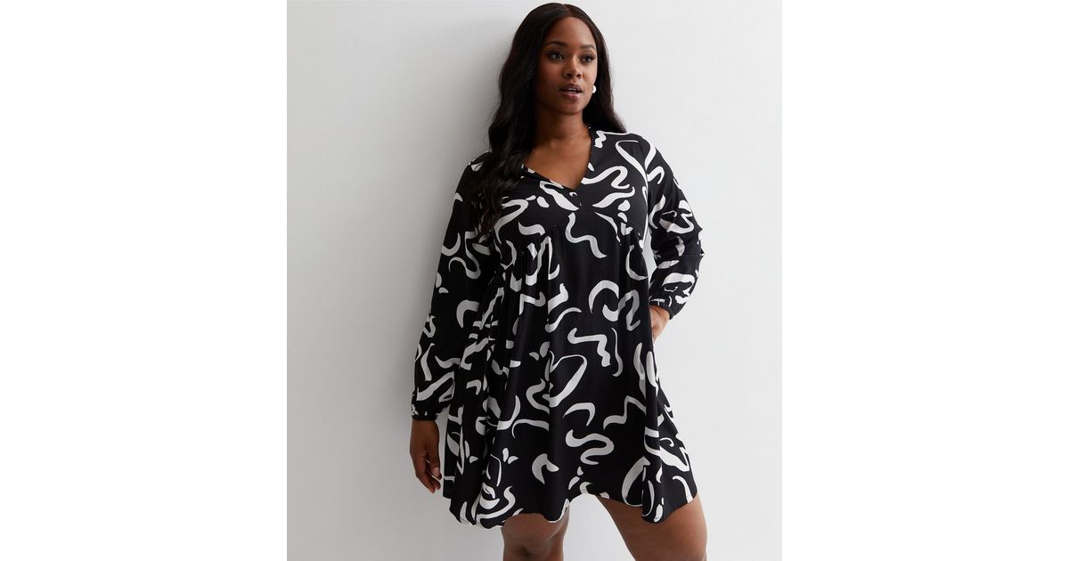 Curves Black Mark Making Smock Mini Dress | New Look