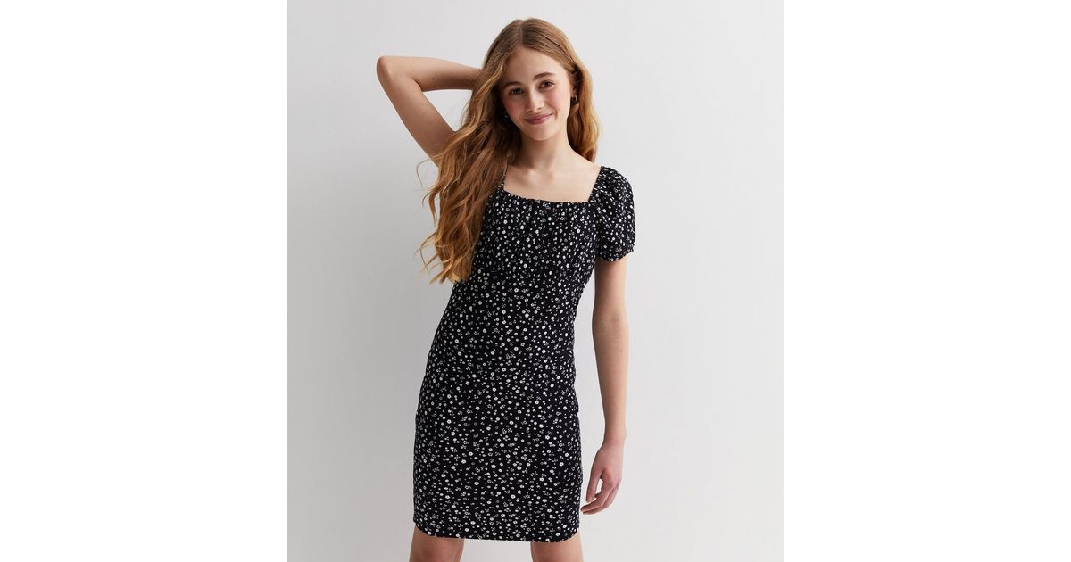 Girls Black Ditsy Floral Ribbed Ruched Mini Dress | New Look