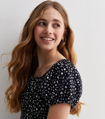 Girls Black Ditsy Floral Ribbed Ruched Mini Dress | New Look