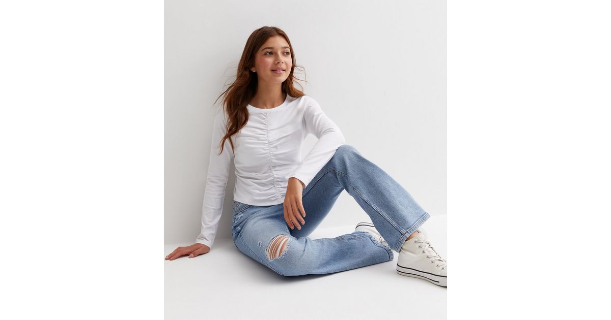 Girls White Ribbed Ruched Long Sleeve Top | New Look