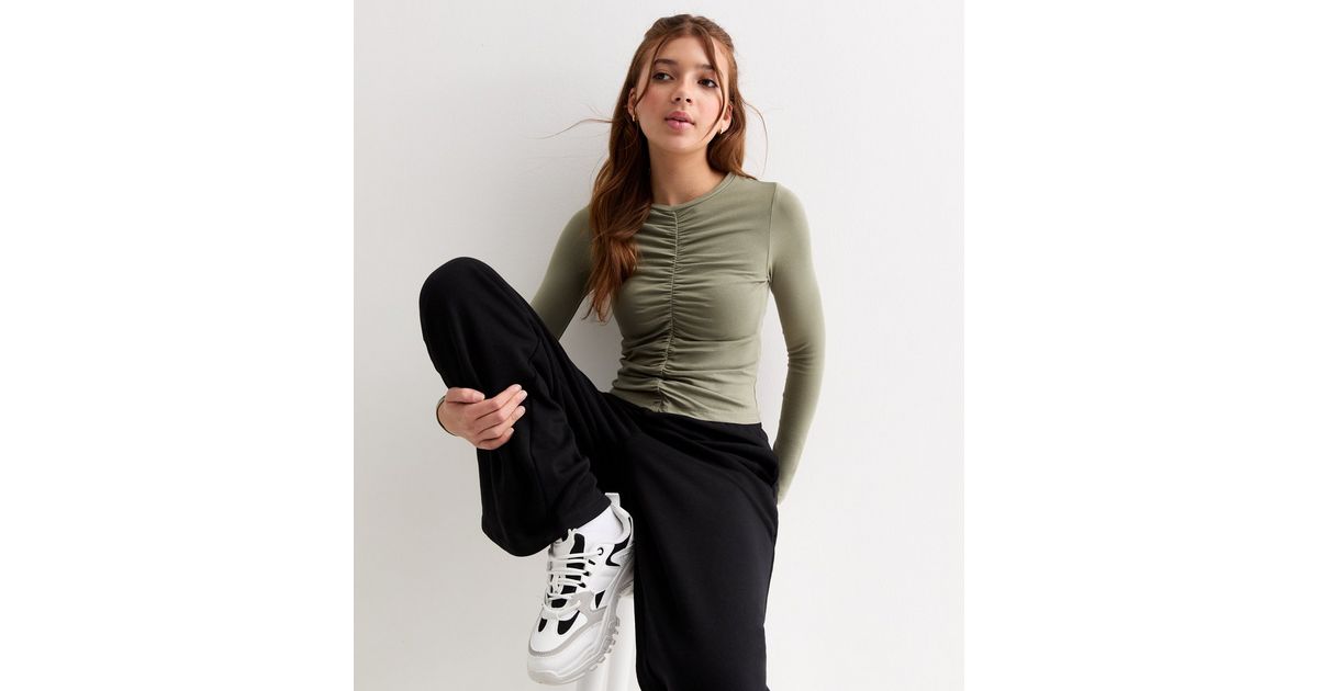 Girls Olive Ribbed Ruched Long Sleeve Top | New Look