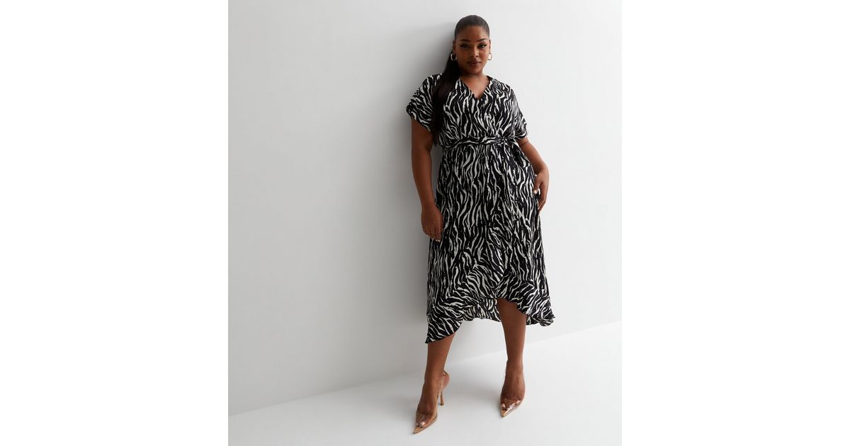 Curves Black Zebra Print Short Sleeve Wrap Midi Dress | New Look