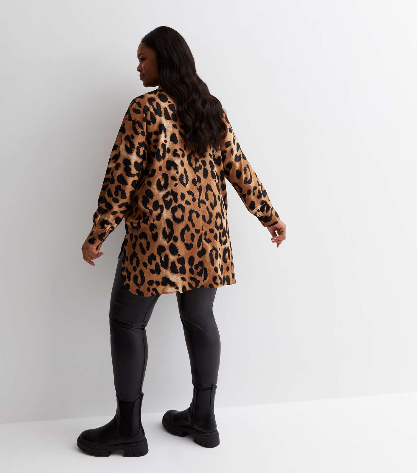 Curves Brown Satin Leopard Print Oversized Shirt New Look