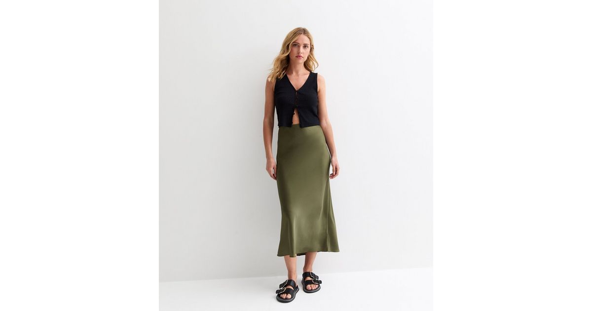 Olive Satin Midi Skirt New Look