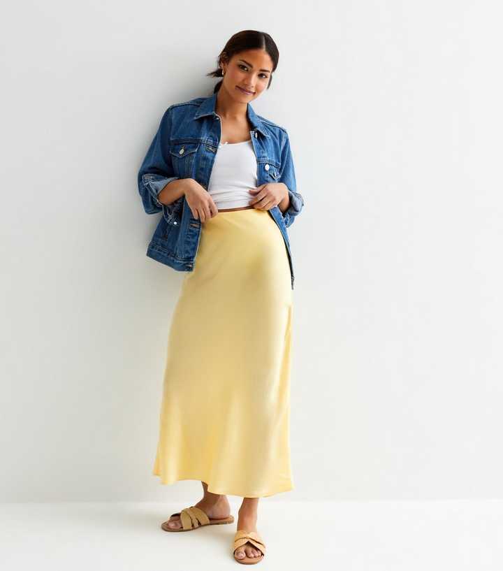 Petite Pale Yellow Satin Bias Cut Midi Skirt | New Look