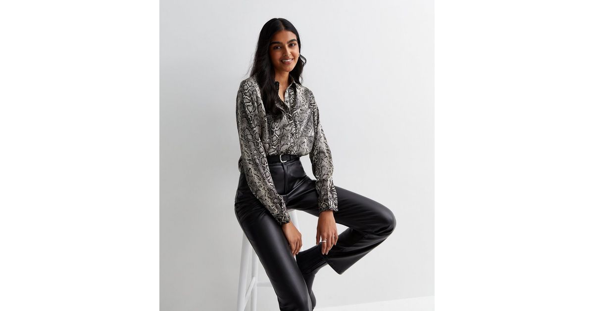 Grey Snake Print Satin Long Sleeve Shirt | New Look