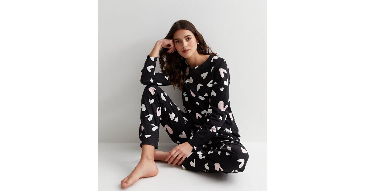 Black Jogger Pyjama Set With Heart Print New Look