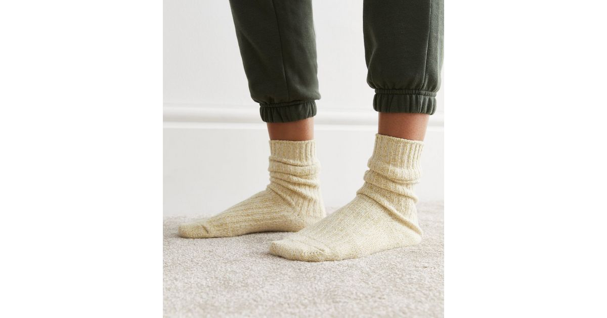 Cream Glitter Ribbed Lounge Socks | New Look