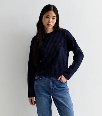 Navy Cable Knit Pattern Jersey Long Sleeve Top | New Look