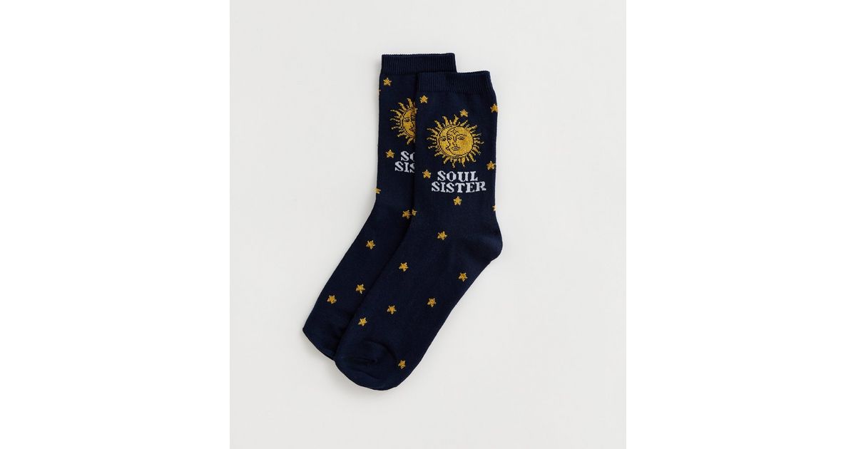Black Glitter Sun Moon Soul Sister Socks | New Look
